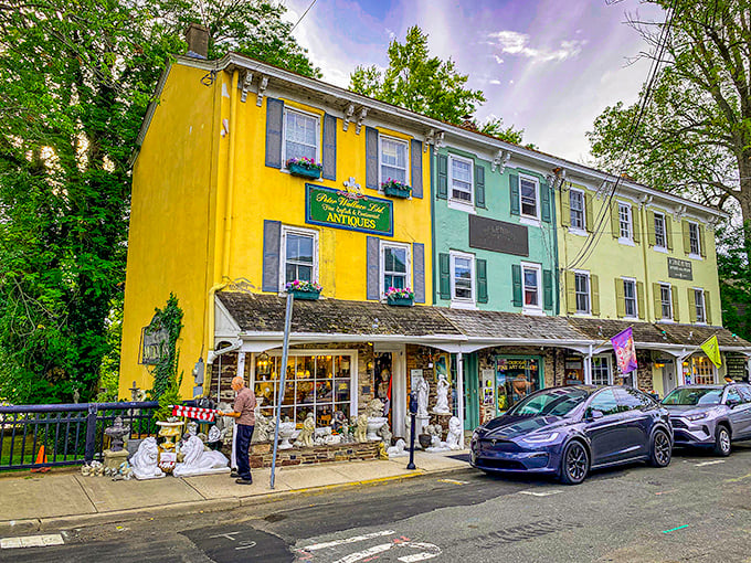 The cheerful yellow buildings of A Stage In Time pop against Lambertville's historic streetscape, a visual treat to match the treasures inside.
