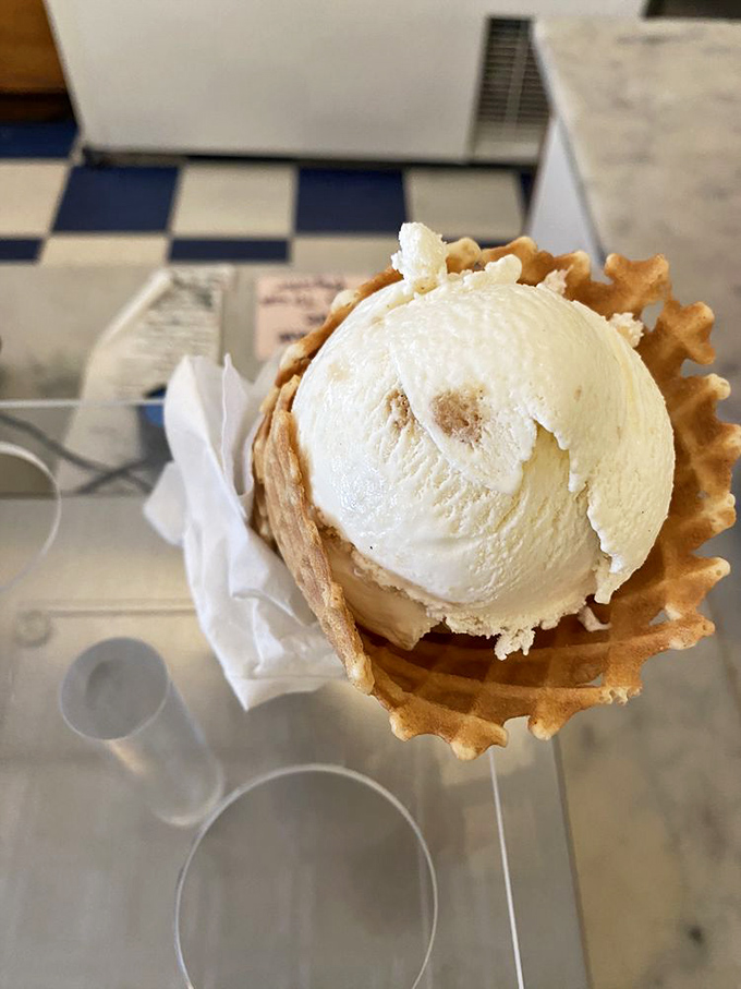 A waffle bowl cradles vanilla perfection like it's holding the crown jewels of the dessert kingdom.