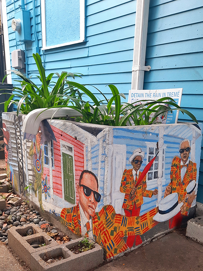 This colorful planter outside the museum celebrates New Orleans' musical legends with the same vibrant energy they brought to their performances.