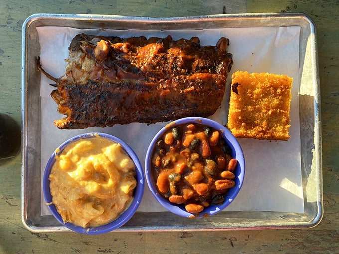 A metal tray of ribs, mac and cheese, and beans that makes you wonder why you'd ever eat anything else. Simplicity elevated to art form.