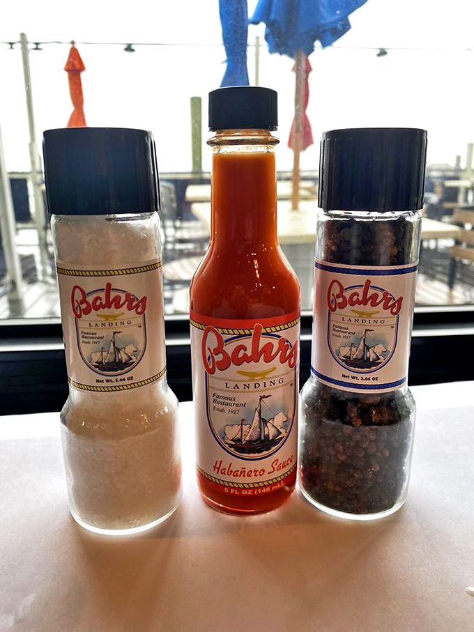 The holy trinity of Bahrs condiments&mdash;salt, hot sauce, and pepper. Like the seafood equivalent of bringing your own pit crew to enhance your dining experience.