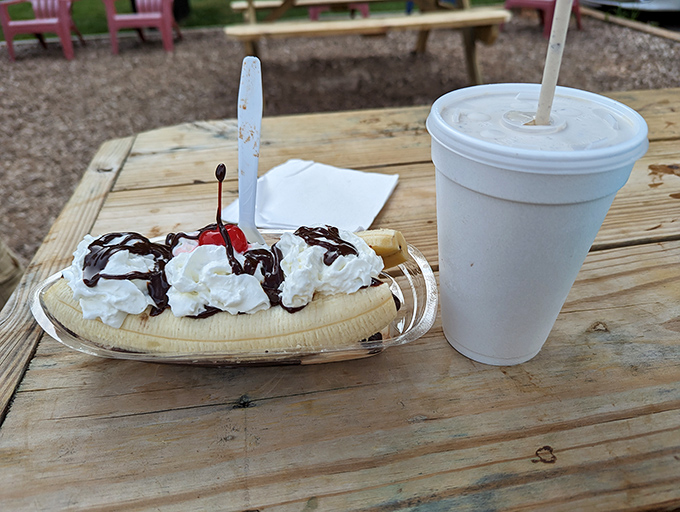 The banana split&mdash;enjoyed outside on rustic picnic tables. Nature and nurture in perfect balance, like Thoreau with a much better dessert.