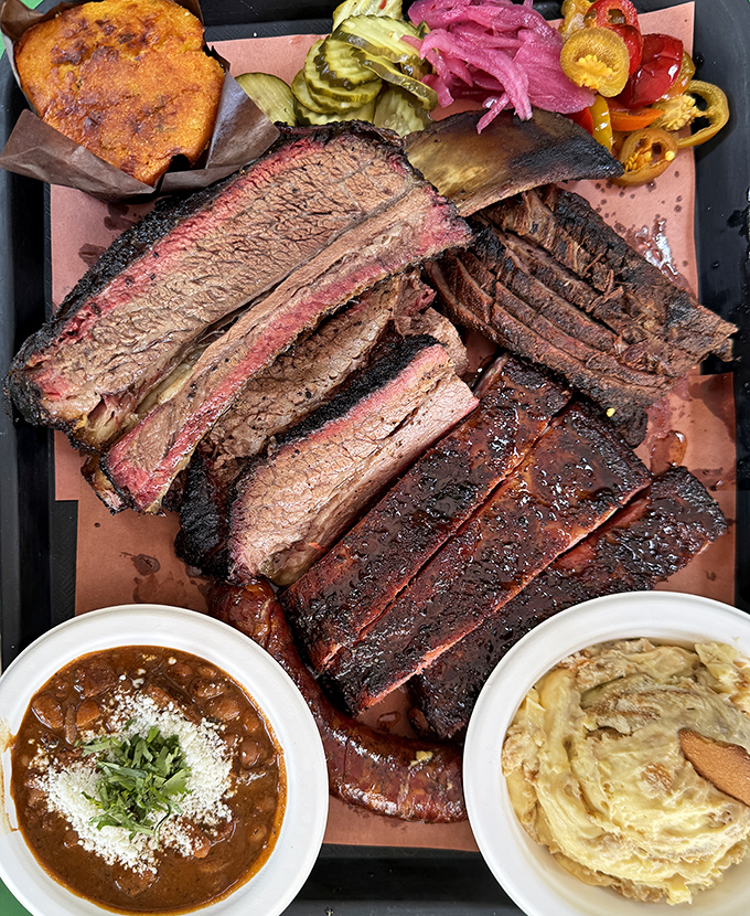 The barbecue board of your dreams. Those beans and that meat are having the kind of relationship poets write sonnets about.