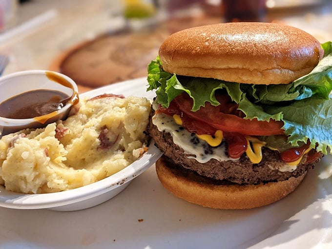 When beef calls but prime rib seems too formal, this burger answers. Loaded with toppings and paired with homestyle mashed potatoes&mdash;comfort food elevated.