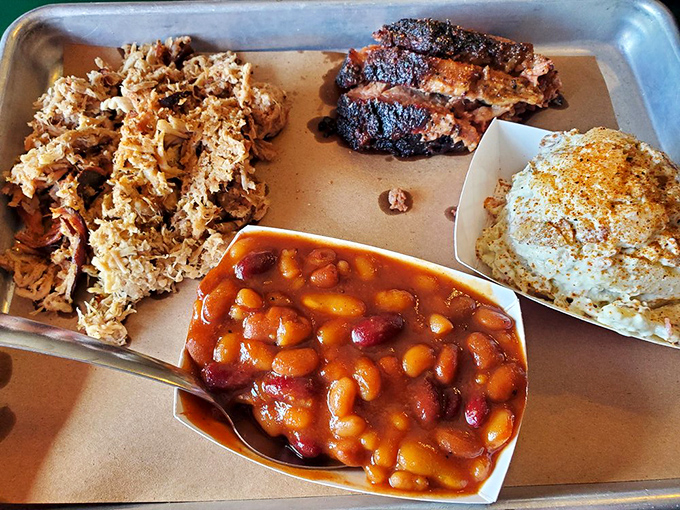 The barbecue sampler that launched a thousand food pilgrimages. That pulled pork has the ideal bark-to-meat ratio&mdash;nature's perfect balance.