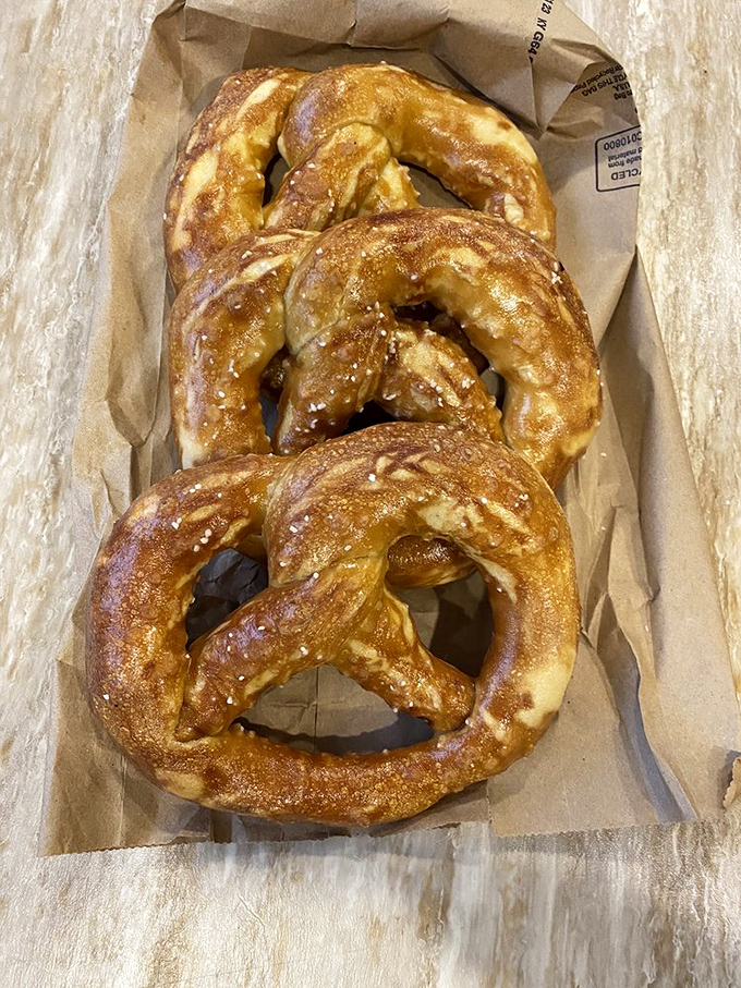 A brown paper bag never held such glory. These twisted beauties with their mahogany sheen are what pretzel dreams are made of.