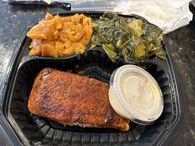 Blackened salmon that walks the perfect line between spice and tenderness, with sides that don't know the meaning of "afterthought."