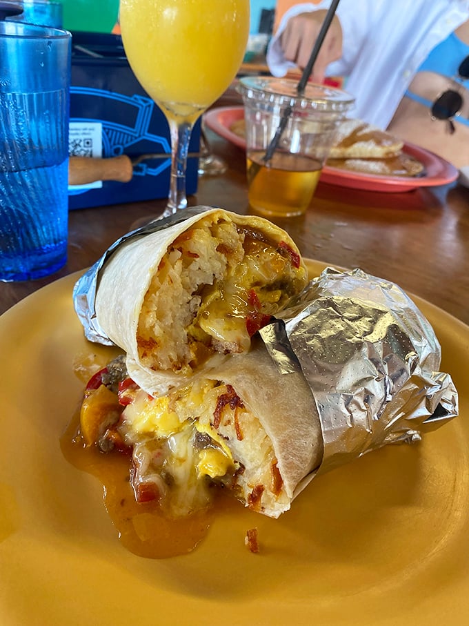 A breakfast burrito that's had its morning coffee. Wrapped in foil like a present, this flavor-packed cylinder delivers on all its gooey, savory promises.