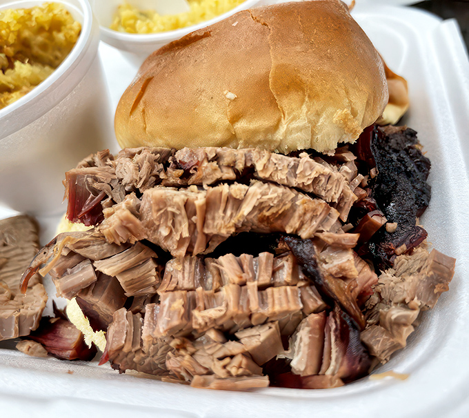 A pulled pork sandwich that's more meat than bread &ndash; exactly as the barbecue gods intended. This isn't a sandwich; it's a meat festival with bread tickets.