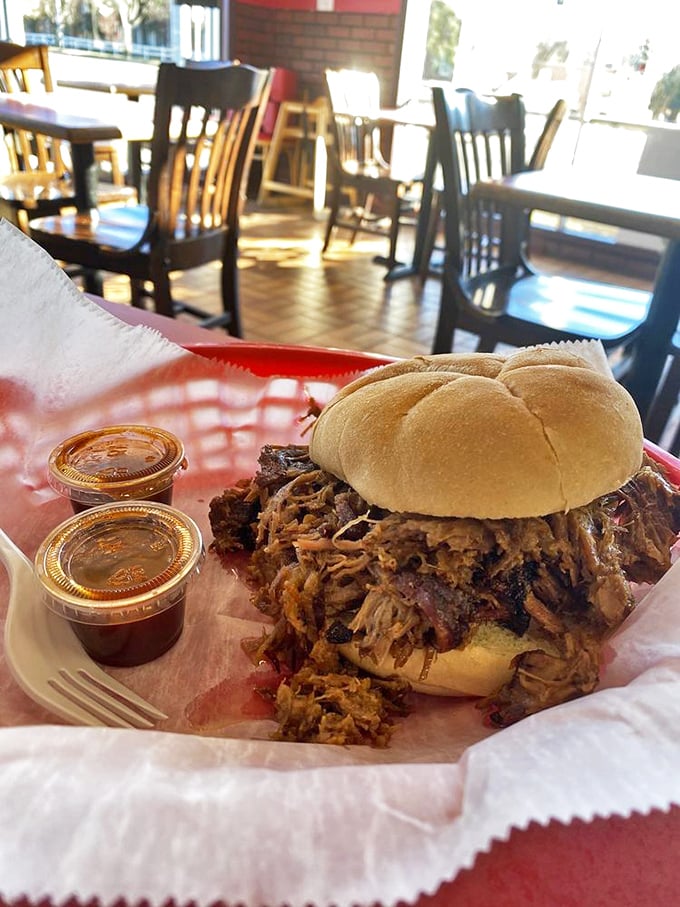 This sandwich isn't just overstuffed&mdash;it's having an existential crisis about containing so much perfectly smoked brisket in mere bread.