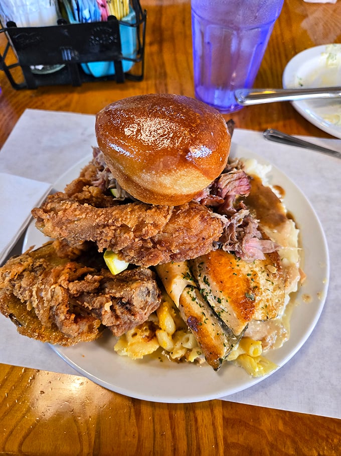 The ultimate buffet strategy on display: a little of everything, a lot of what you love. That roll on top? Strategic carb placement.