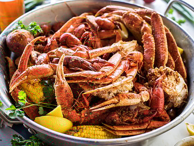 This seafood boil isn't just dinner&mdash;it's an event. Crab legs reaching skyward like they're trying to escape their delicious fate.
