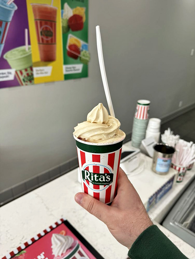 A tri-color masterpiece that belongs in LACMA. Green, white, and chocolate custard swirled together like edible modern art.