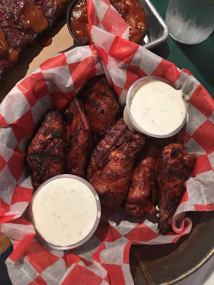 Wings that have clearly been introduced to smoke and spice in a meaningful way. The dipping sauce is just a bonus round.