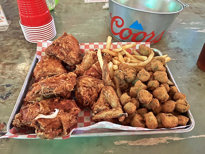 When chicken meets okra, it's not just a meal—it's a Southern summit. Two crispy legends sharing one plate and zero pretension.