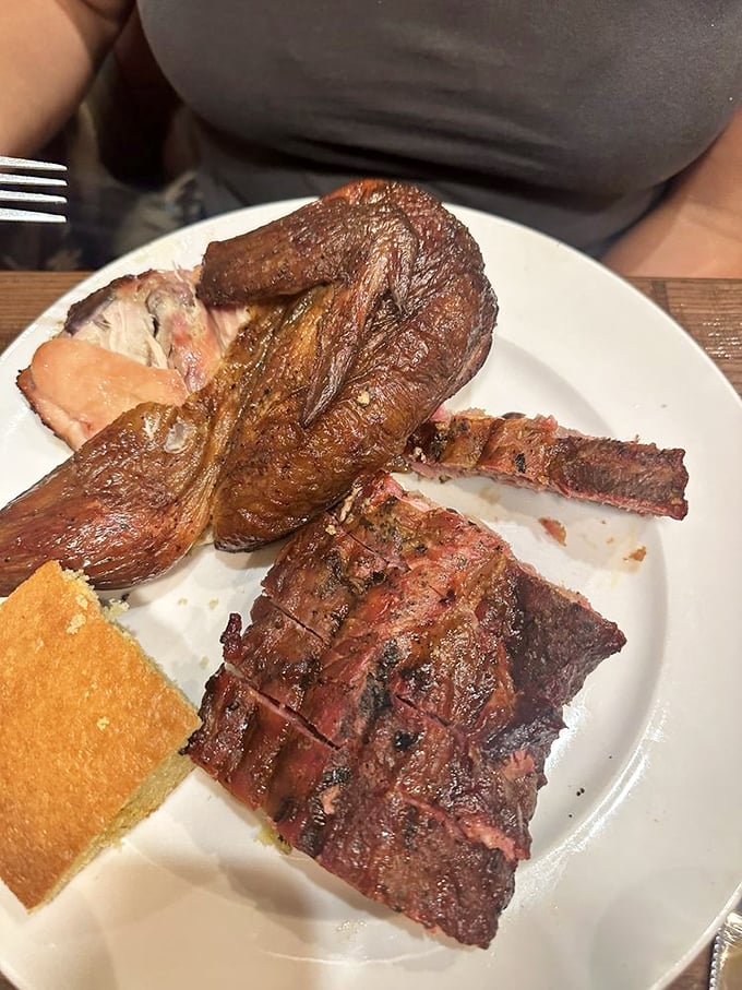 The chicken and ribs combo &ndash; for when making decisions is too hard and FOMO is real. That cornbread alone is worth the drive.
