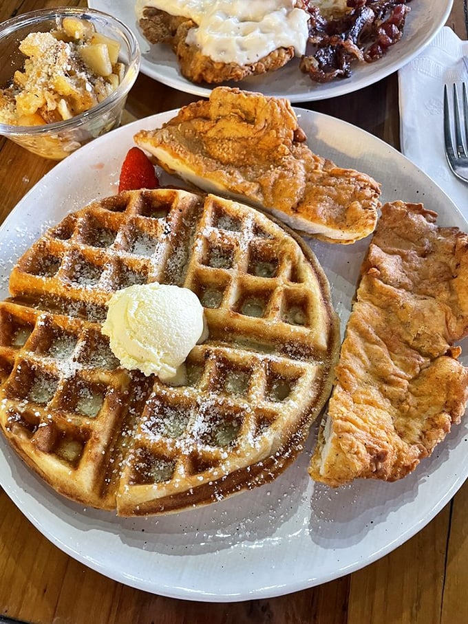 Golden waffle meets crispy chicken&mdash;the breakfast equivalent of peanut butter meeting chocolate. A scoop of butter melts into those perfect squares.