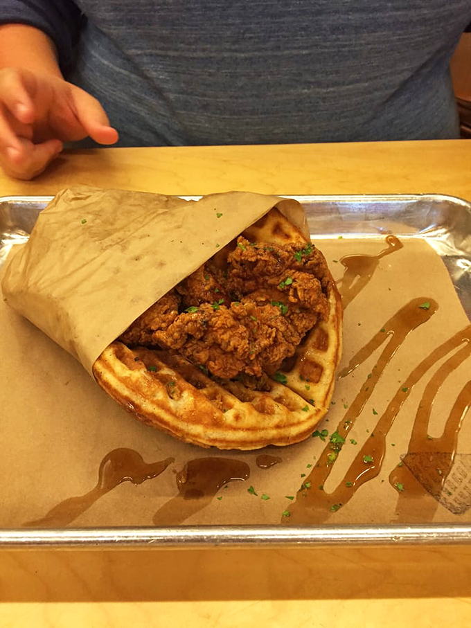 Honey cascades down crispy chicken like a delicious waterfall. This is breakfast engineering at its finest.