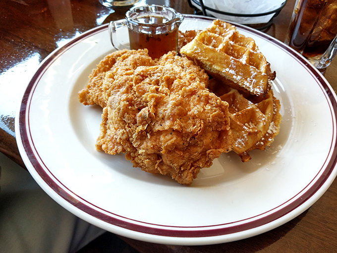Chicken and waffles: where breakfast and dinner collide in a beautiful accident that nobody wants to clean up.