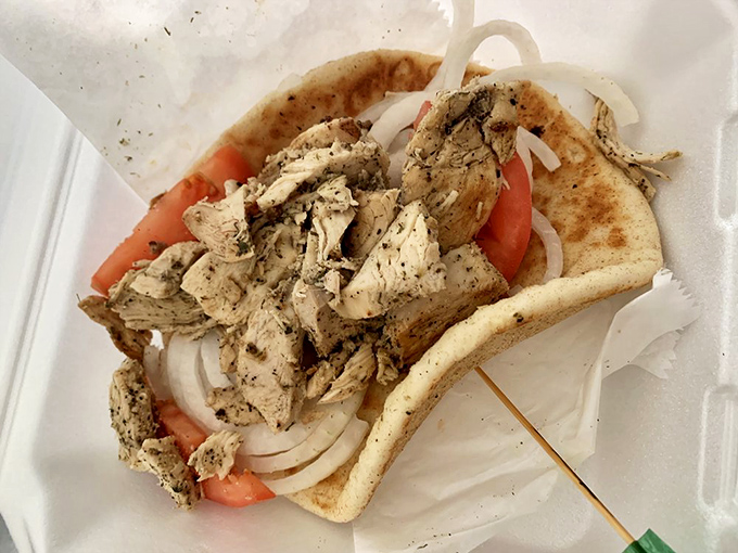 Chicken gyro simplicity: seasoned meat, fresh veggies, warm pita. Sometimes the straightforward approach is the path to flavor enlightenment.