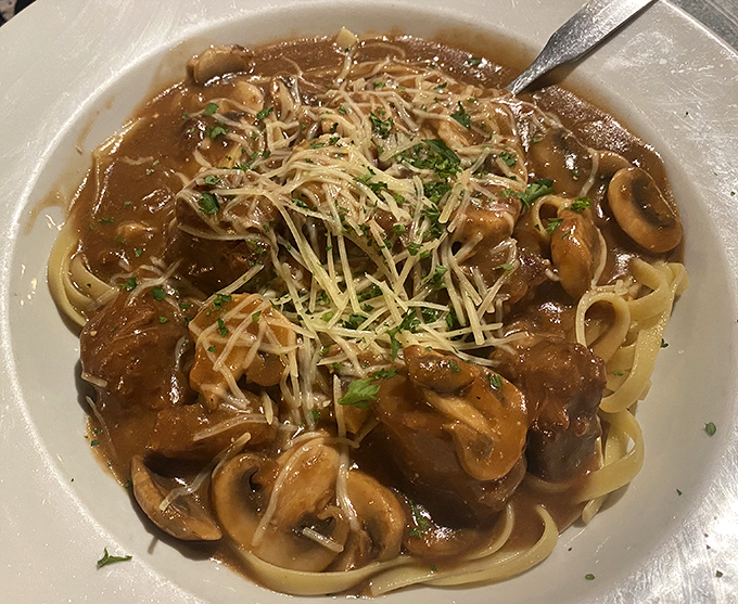 Beef stroganoff that defies gravity with tender chunks of beef and mushrooms swimming in gravy that deserves its own thank-you note.