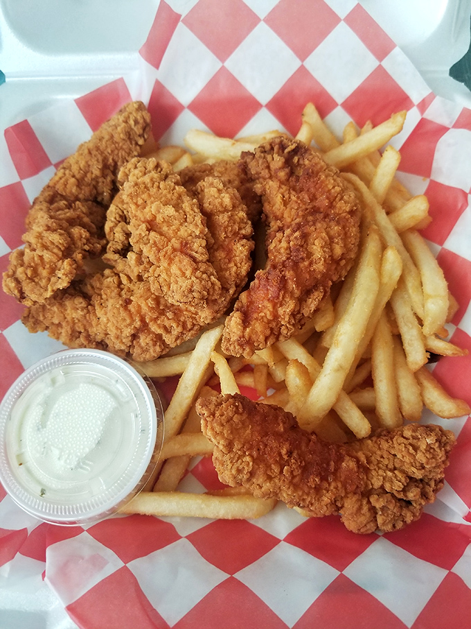 Sometimes even seafood lovers need a chicken break. These golden tenders and fries are the perfect option for your seafood-averse friend who got dragged along.