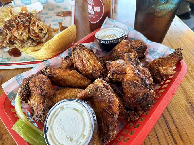 Wings that have clearly been introduced to smoke and spice in the most intimate way possible. No sauce needed here.