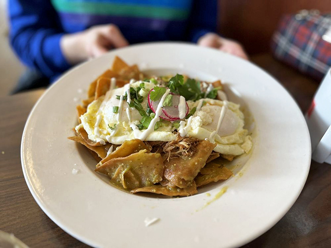 These chilaquiles look like they graduated from the University of Morning Deliciousness with honors. The eggs on top are wearing graduation caps.