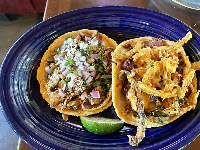 Two tacos that could start a religion. The one with crispy poblanos might make you speak in tongues of pure food joy.