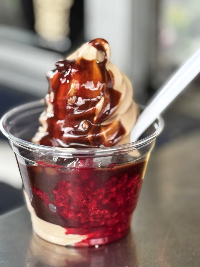 A ruby red berry base crowned with chocolate custard and fudge – dessert or edible jewelry? You decide.