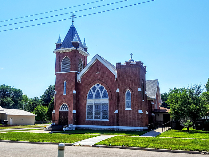 Prairie Gothic at its finest. This red brick church has likely witnessed countless weddings, funerals, and Sunday best outfits since frontier days.