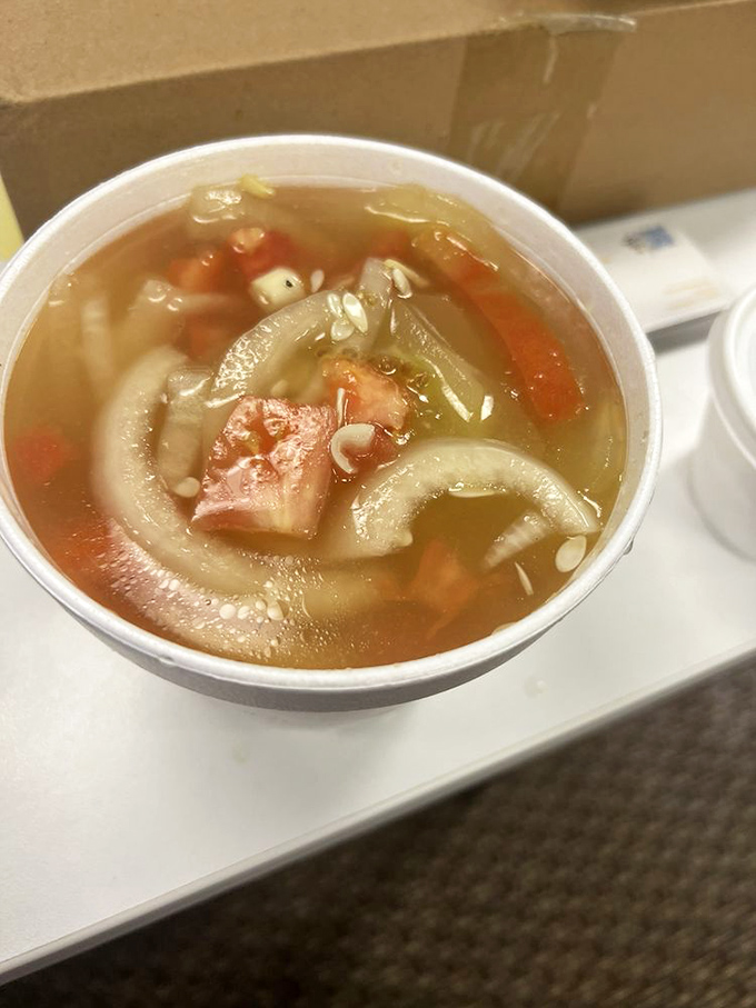 A bowl of hearty vegetable soup that your grandmother would approve of&mdash;chunks of vegetables, bits of meat, and broth that's clearly been simmering with purpose.