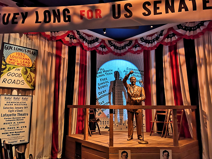 The Huey Long exhibit captures the larger-than-life persona of Louisiana's most controversial political figure, complete with campaign memorabilia.