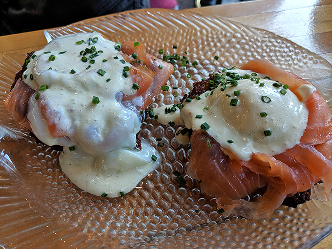 Eggs Benedict gets the deli treatment with silky smoked salmon and a dollop of hollandaise that would make your cardiologist wince and your taste buds sing.