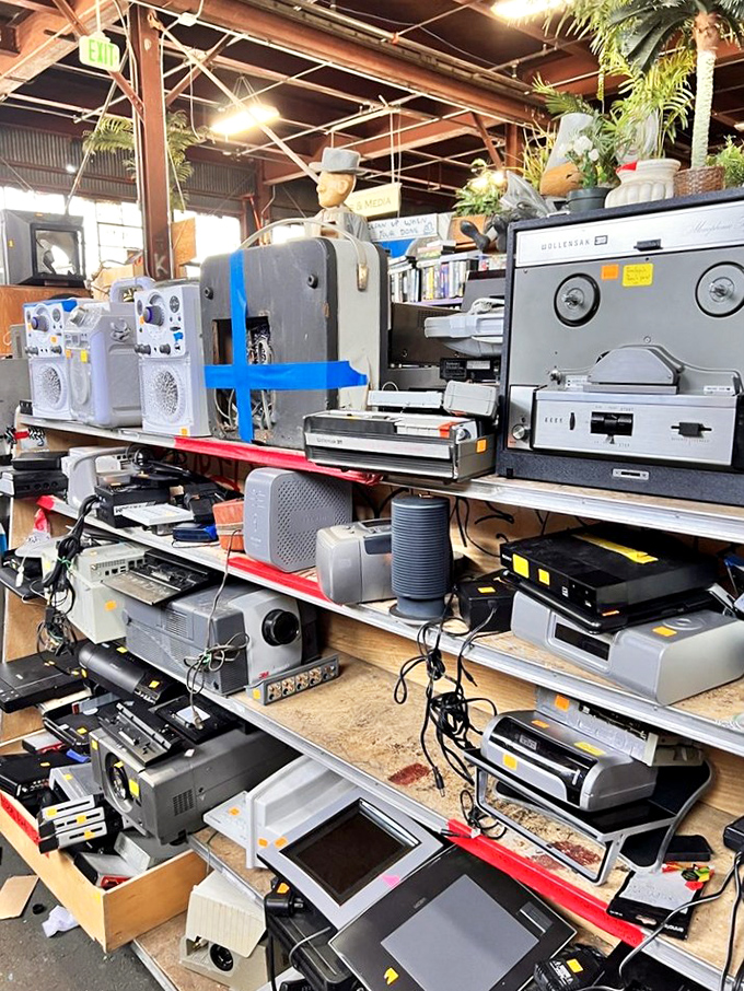 The electronics section: a time capsule of technological evolution where yesterday's cutting-edge gadgets await tinkerers and nostalgic collectors.