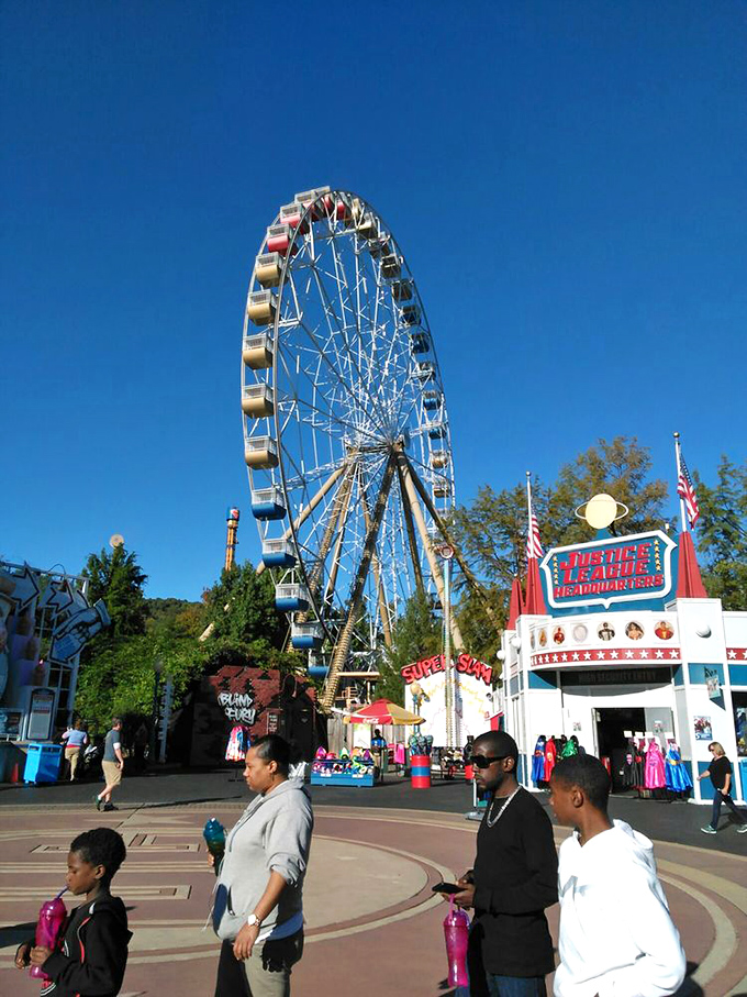 The Ferris wheel stands as a beacon of nostalgia among modern thrills, offering spectacular views and a moment to catch your breath.