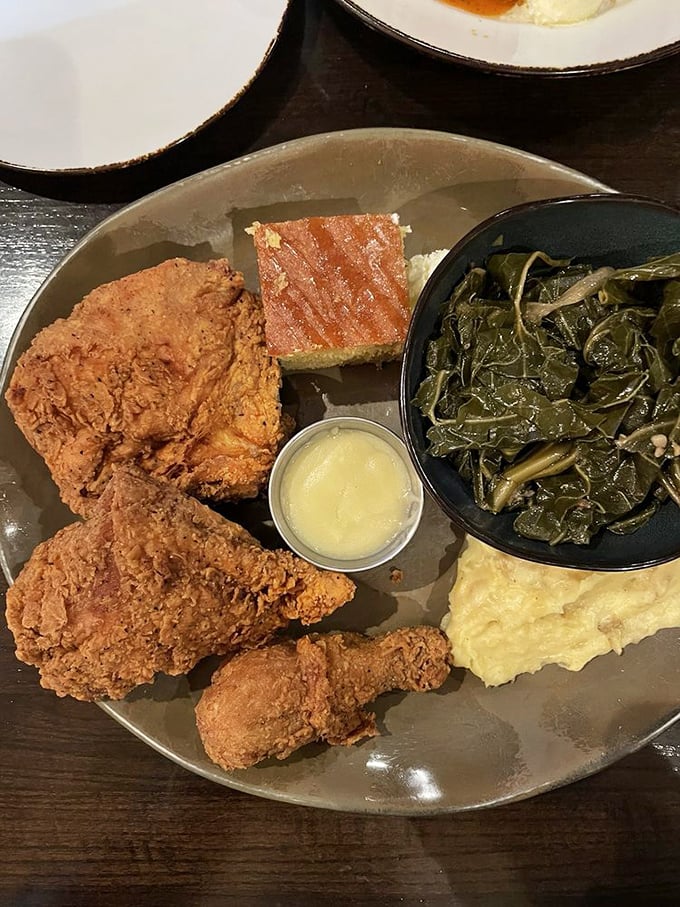 Southern fried chicken that's audibly crunchy on the outside, tender within, with collard greens that didn't skip flavor day.