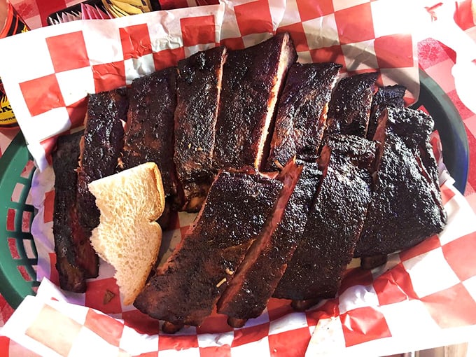A full rack of ribs with that glistening exterior is basically meat candy for grown-ups. The toast is just there to make you feel civilized.