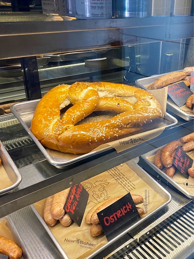 This pretzel isn't just big, it's Minnesota-lake-sized. Two dipping sauces because one simply wouldn't be enough for this beauty.
