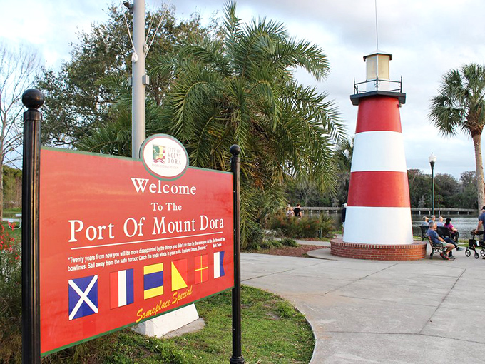 Mount Dora's charming lighthouse stands sentinel at the port. Not all heroes wear capes&mdash;some wear red and white stripes and guide boats.