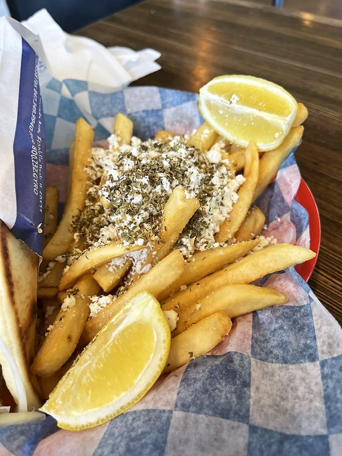 Greek fries: where humble potatoes get dressed up with feta, oregano, and lemon wedges for a Mediterranean makeover that changes everything.
