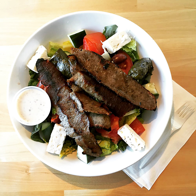 Who needs a sad desk salad when you could have this? Gyro meat crowns a bed of fresh greens and feta like the king of lunchtime it truly is.