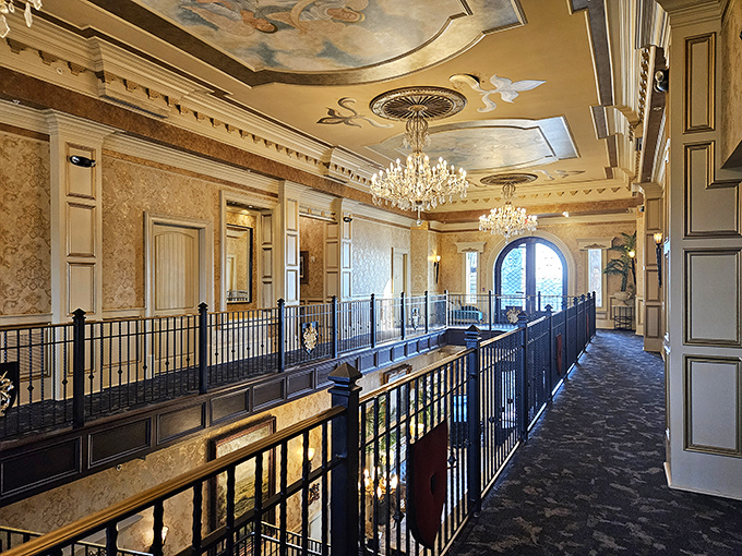 Elegant corridors and balconies showcase the castle's attention to architectural detail. Even the hallways tell a story of grandeur and craftsmanship.