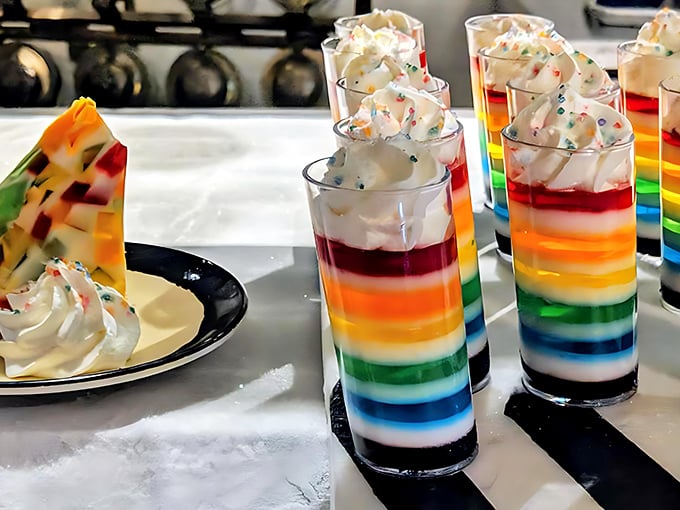 Rainbow Jell-O parfaits that look like they escaped from a 1960s dinner party and somehow gained Instagram influencer status along the way.