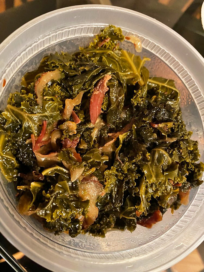 These aren't your cafeteria lady's greens. Smoky, savory, and swimming with bits of ham that add just the right porky punch.