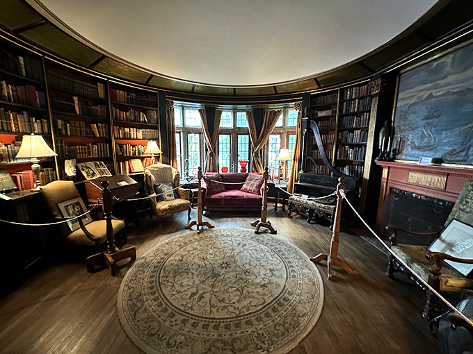 The circular library where Hammond surrounded himself with knowledge. Books, comfortable chairs, and ocean views&mdash;the original work-from-home setup.