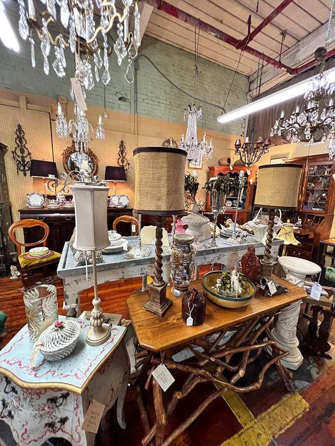 Chandeliers for days! Because nothing says "I found something special" like crystal teardrops illuminating treasures from another era.