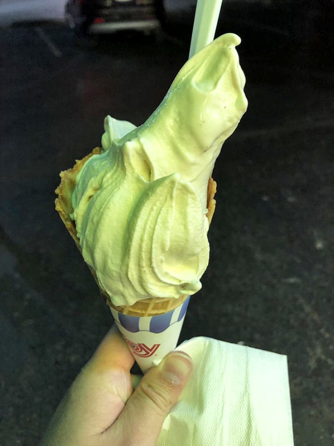 The pale green masterpiece isn't just pistachio&mdash;it's edible art, a swirled testament to why people drive across county lines for frozen custard.