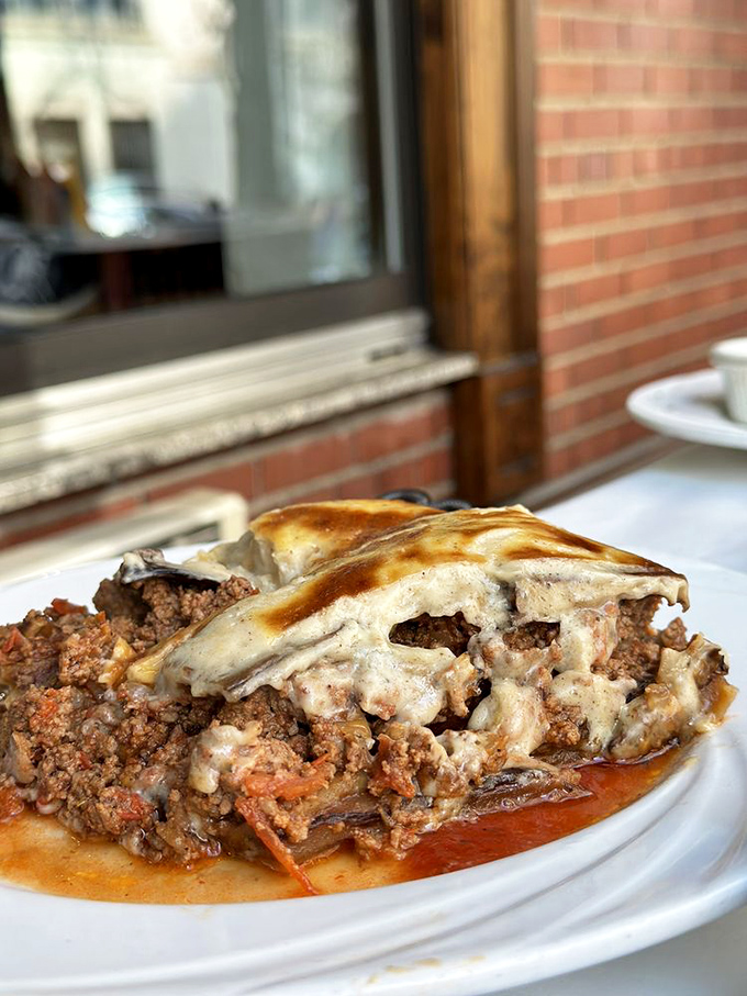 Moussaka: where layers of eggplant, meat, and b&eacute;chamel come together like the world's most delicious geological formation.