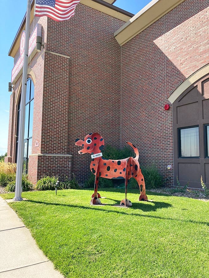 This whimsical metal dog stands guard at the Nebraska Firefighters Museum. Even the public art in Kearney has personality without pretension.